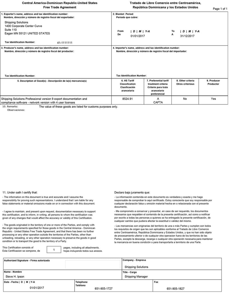 CAFTA-DR Certificate of Origin